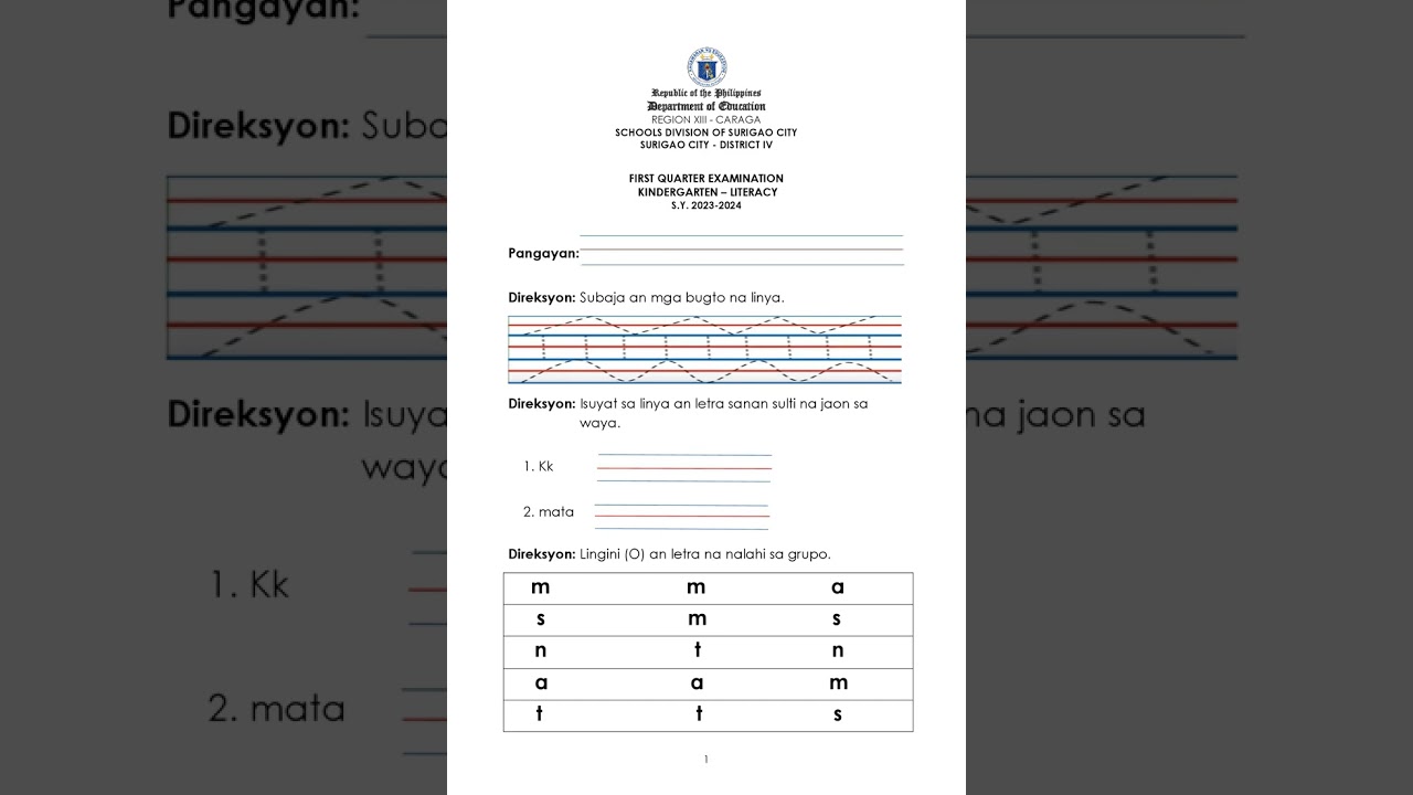 KINDER 1ST QUARTER EXAM LITERACY