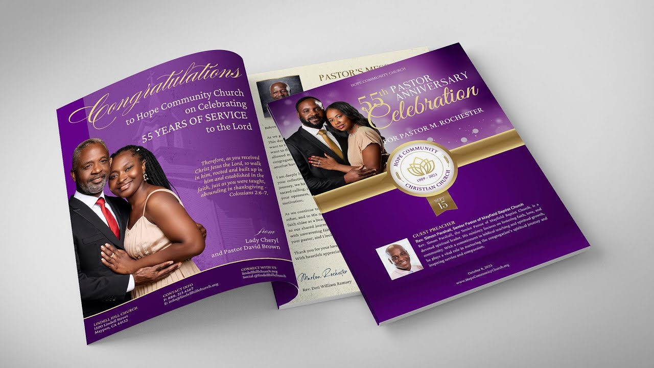 Church Souvenir Book Template, Canva, Purple Gold, Tabloid, 24 Page, #godservdesigns