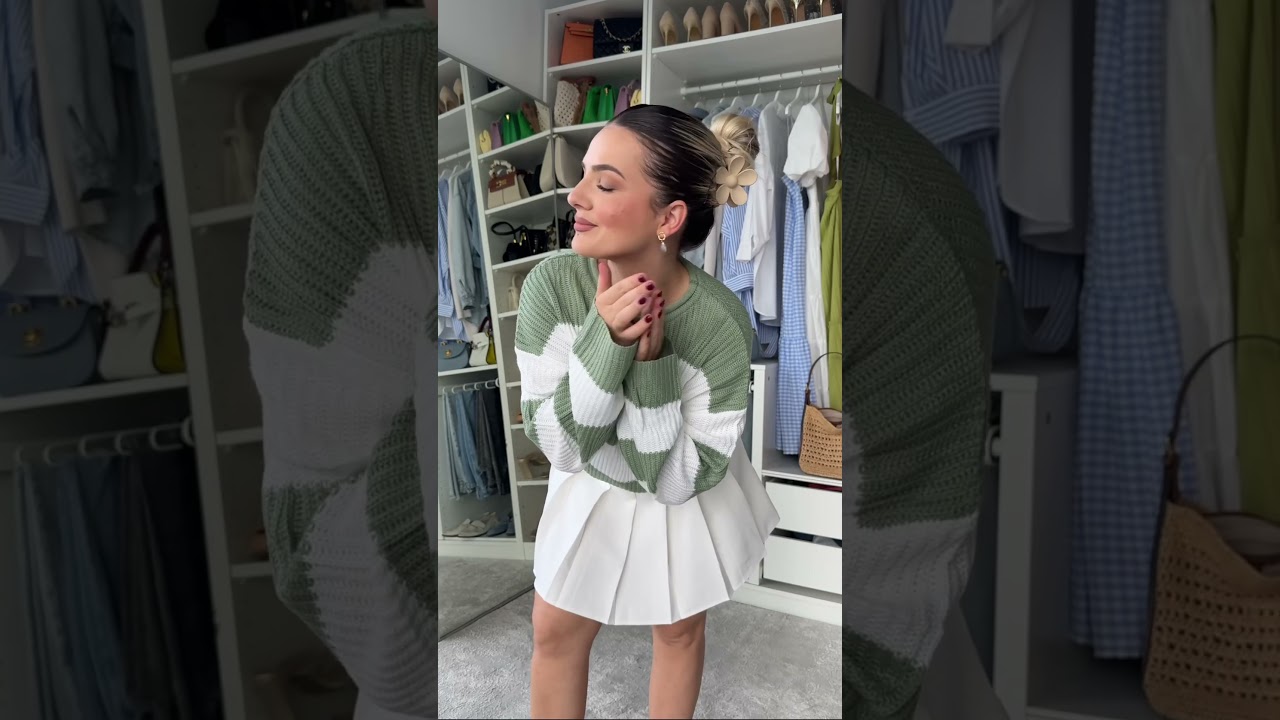 “Fall essentials: cozy sweater, mini skirt, and sneakers for a laid-back, stylish look. 🍃 #fall