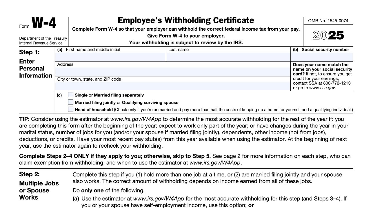 IRS Form W-4 walkthrough, Employee's Withholding Certificate (2025)