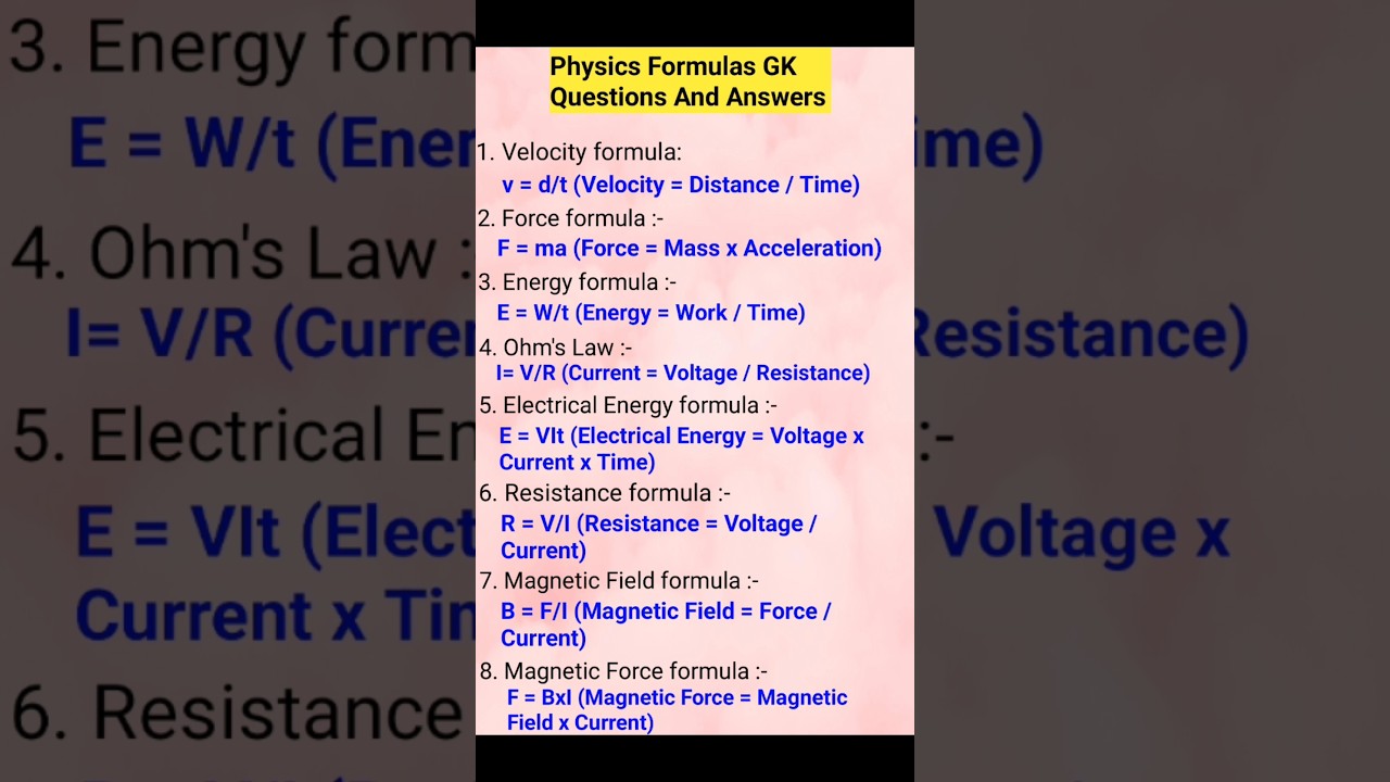 physics formula Gk Questions and Answers | Gk Quiz
