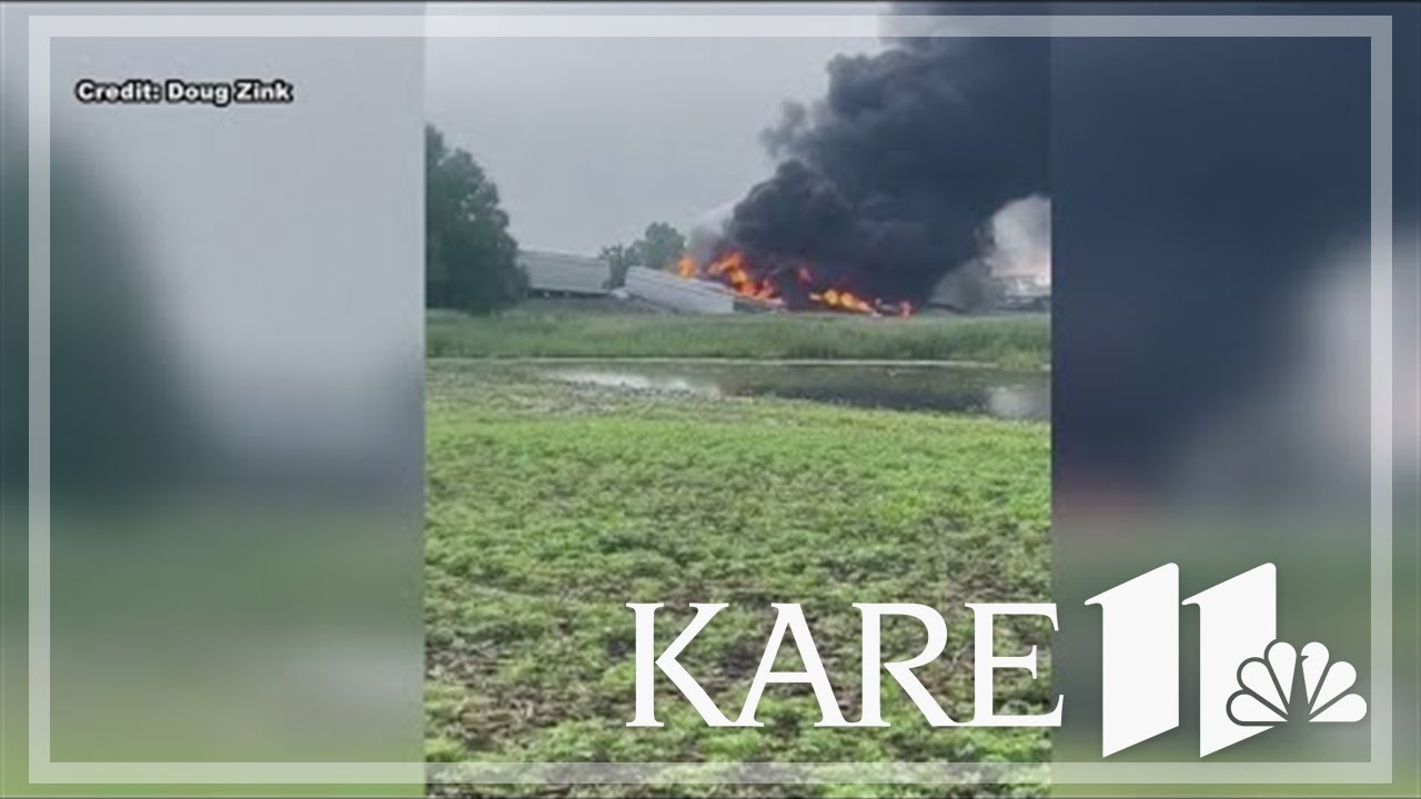Rail cars carrying hazardous material derail and catch fire in North Dakota