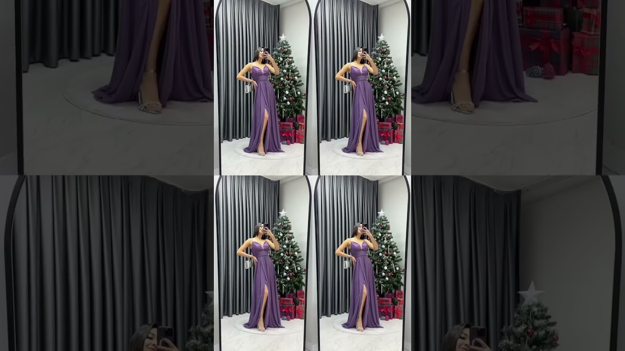 Lila Simli V Yaka Askılı Abiye Elbise - Silvery V-Neck Evening Dress with Straps