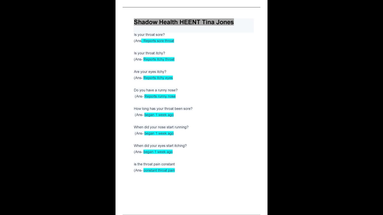 SHADOW HEALTH HEENT TINA JONES QUESTIONS EN ANSWERS A GUIDE SOLUTION