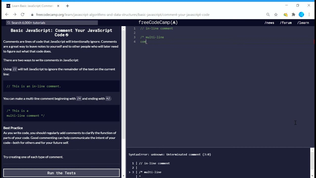 Basic JavaScript (1/111) | Comment Your JavaScript Code | freeCodeCamp