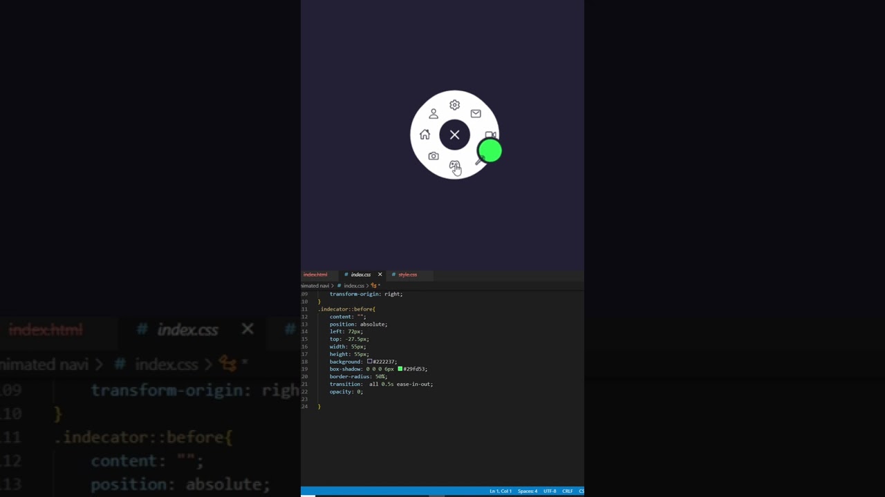 Animated Circle Menu magic indicator using html css javascript #shorts