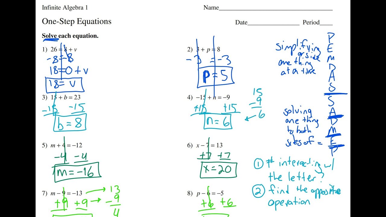 One-Step Equations- Algebra 1 Kuta Worksheet Series