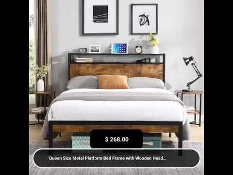 Queen Size Metal Platform Bed Frame with Wooden Headboard and Footboard, No Box Spring Needed