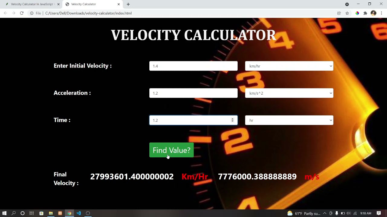 Velocity Calculator In JavaScript With Source Code | Source Code & Projects