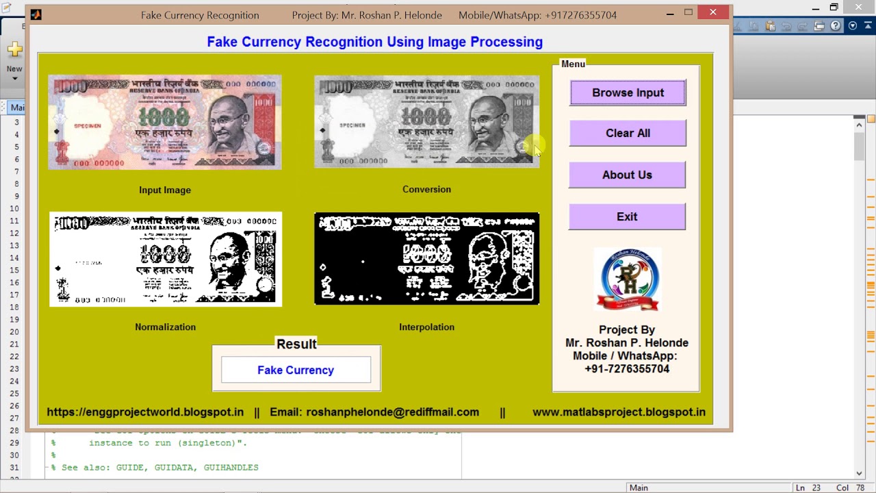 Matlab code for Fake Currency Recognition using Image Processing