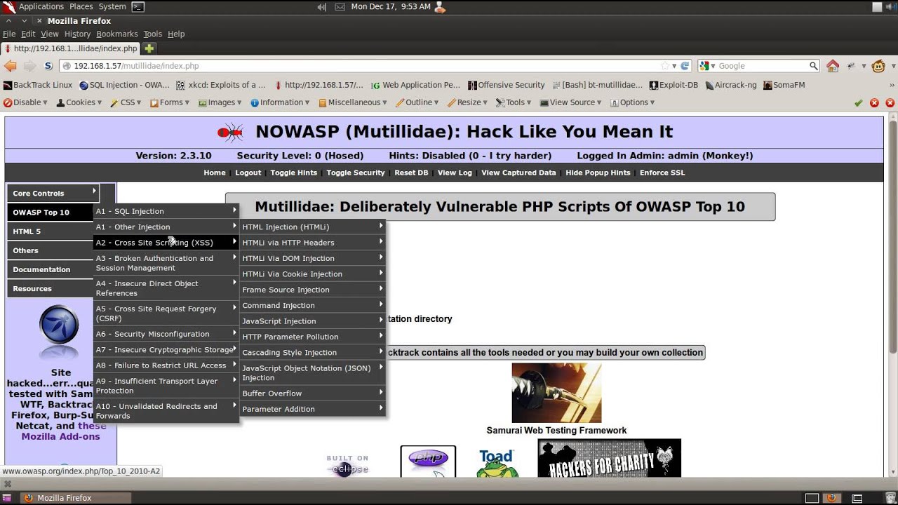 SQL Injection, SQLMAP, Cookie Elevation using Backtrack 5 & Mutillidae