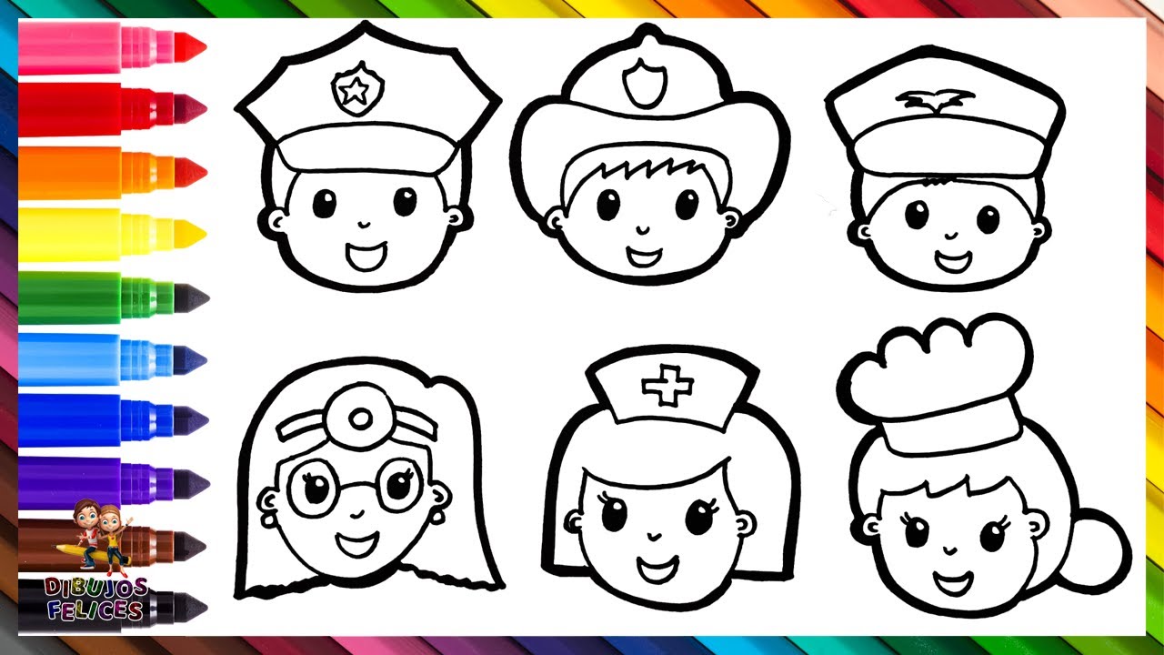 Dibuja y Colorea Personas De Diferentes Profesiones 👮👨‍🚒👨‍✈️👩‍⚕️👩‍🍳 Dibujos Para Niños