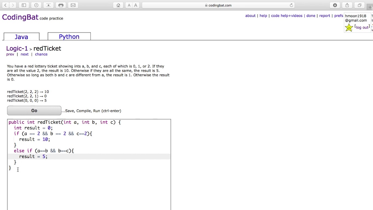 Logic 1 redTicket Java Tutorial || codingbat com