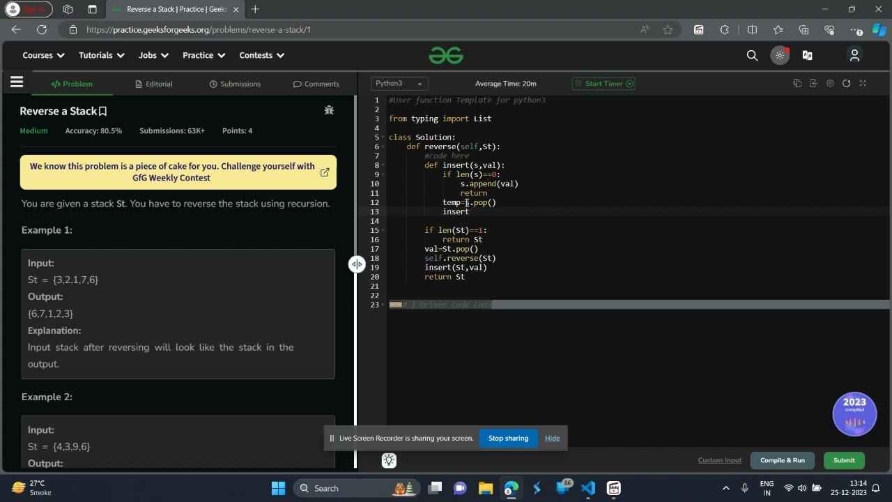 Reverse a Stack using Recursion Python SETRECURSIONLIMIT SYS FASTEST APPROACH