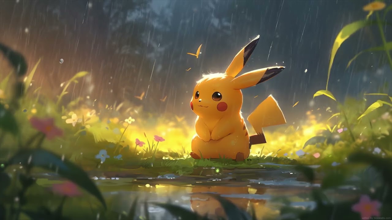 60 minutes 4K Pikachu - Pokémon Wallpaper Loop – Rainy Forest (No Sound) 🌧️🌲
