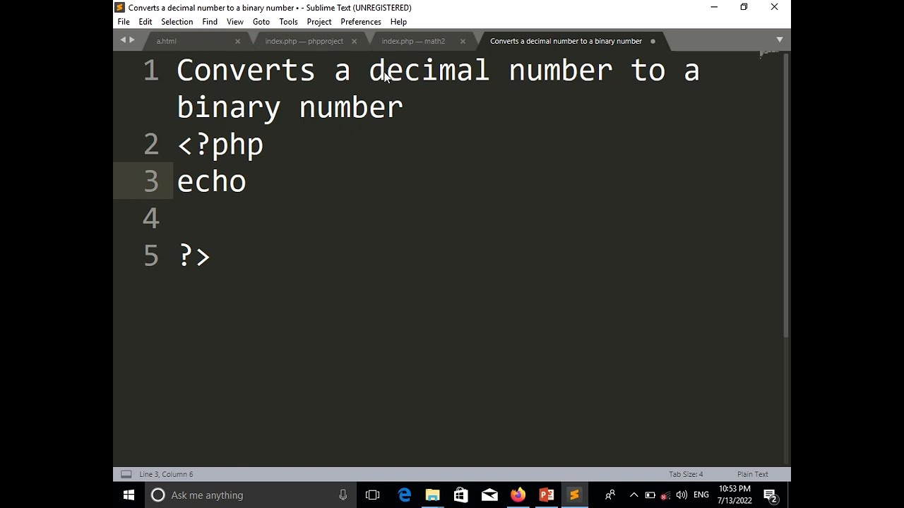 Convert decimal number to binary in php programming language