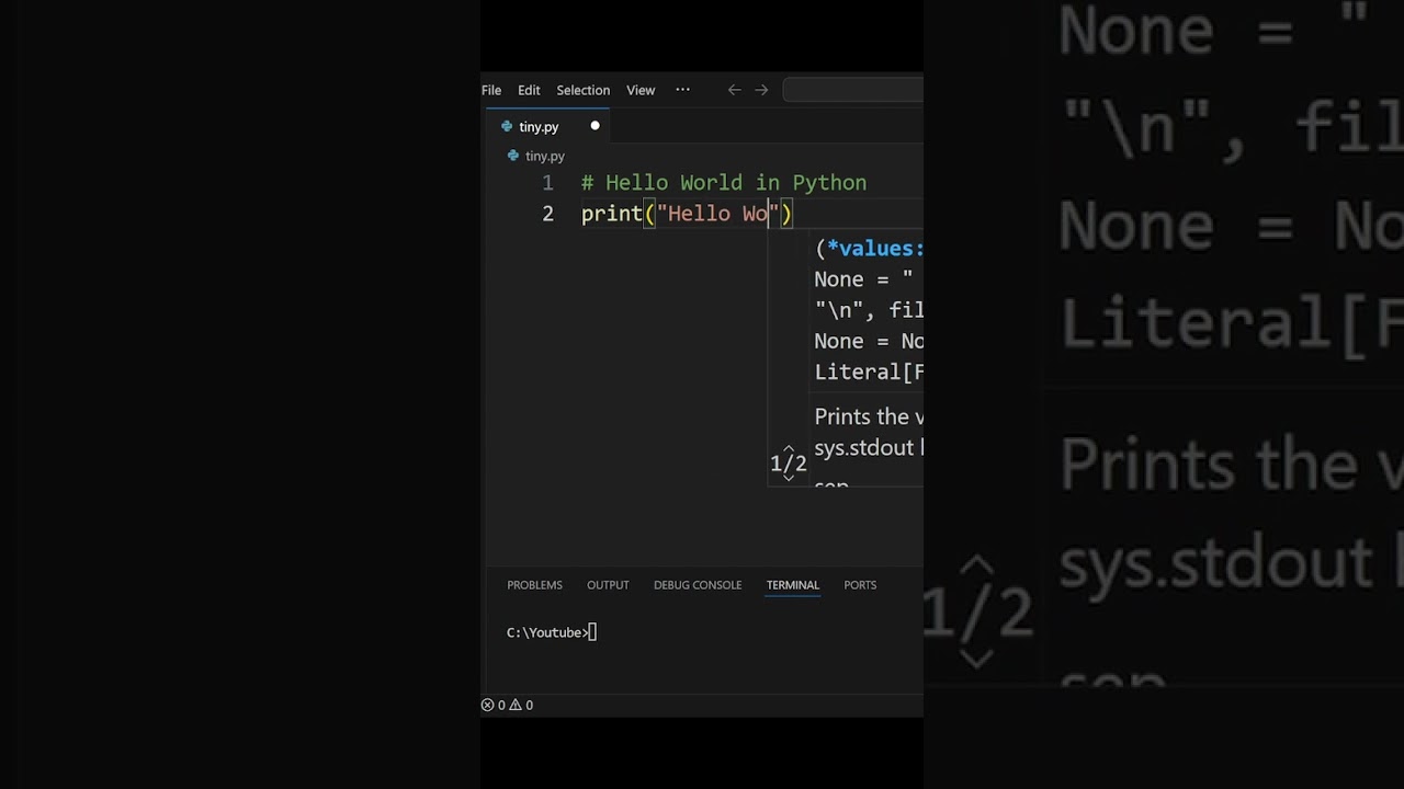 Hello World in Python - Tiny Lessons #shorts #python #pythontutorial #programming #learning