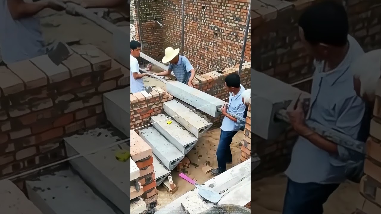 On-site Construction: Workers Collaborate to Install Precast Concrete Stairs—Attention to Detail!