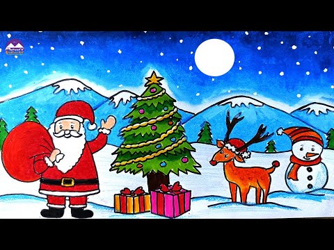 How to draw scenery santa Christmas drawing | merry christmas drawing