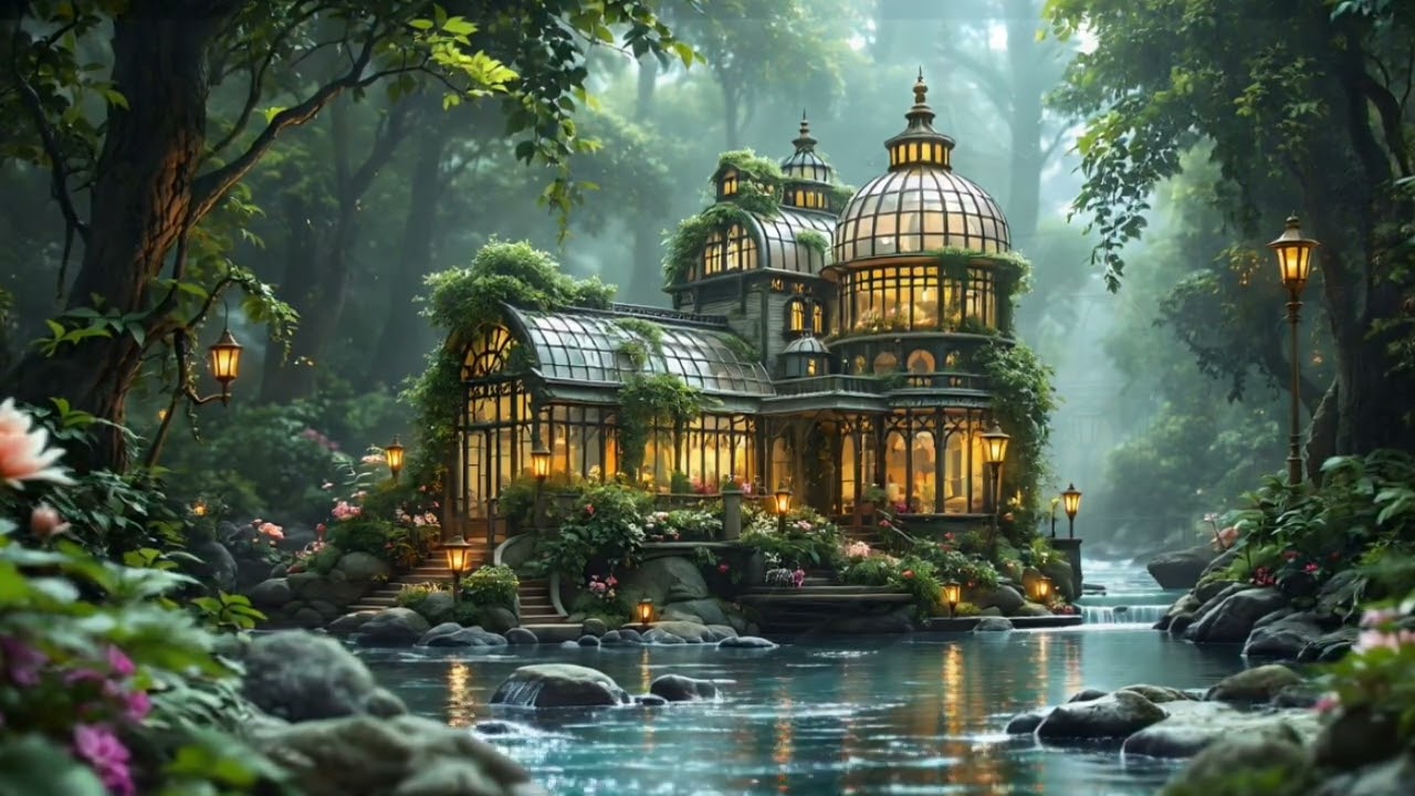 Forest river nature sounds, fantasy architecture greenhouse, reading ambience, background wallpaper