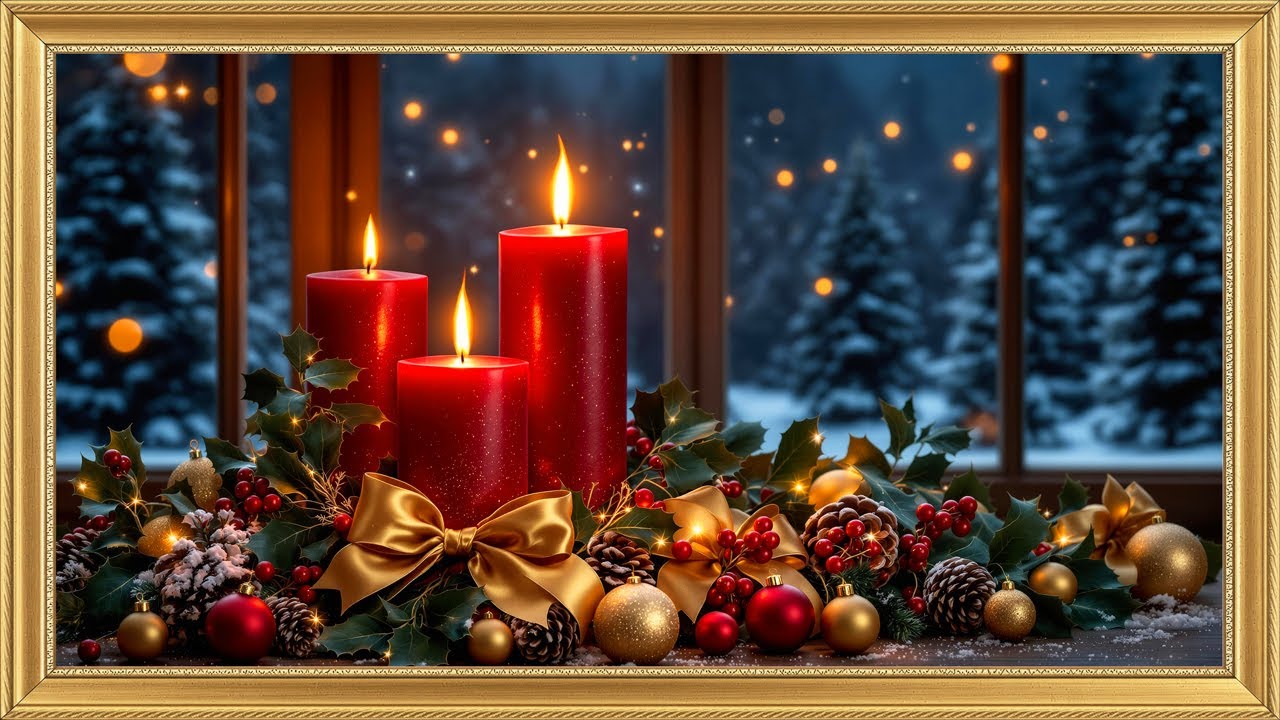 Golden Candlelight Glow | Christmas Candle Flickers and Snowfall | 4K Art Screensaver