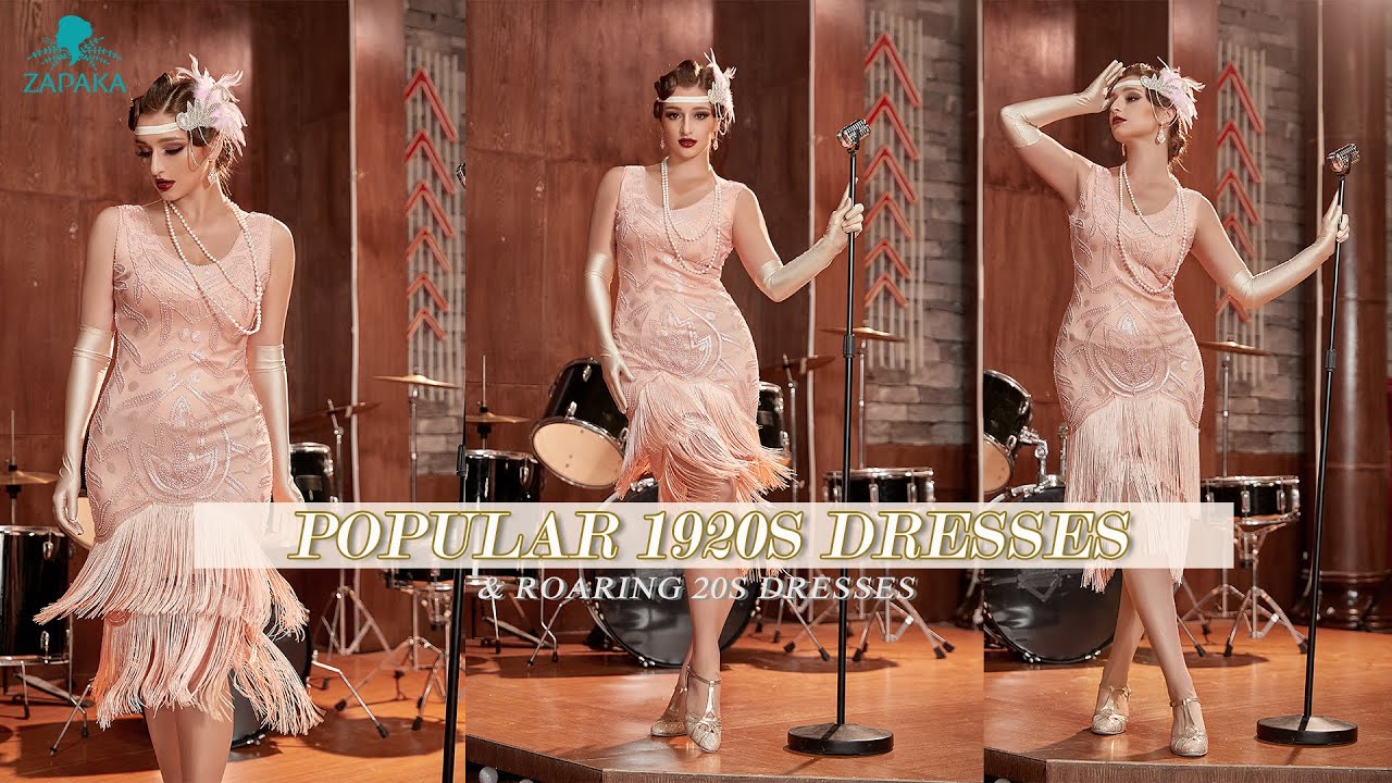 Zapaka Women 1920s Gatsby Dress Blush Round Neck Sequins Flapper Dress with Fringes