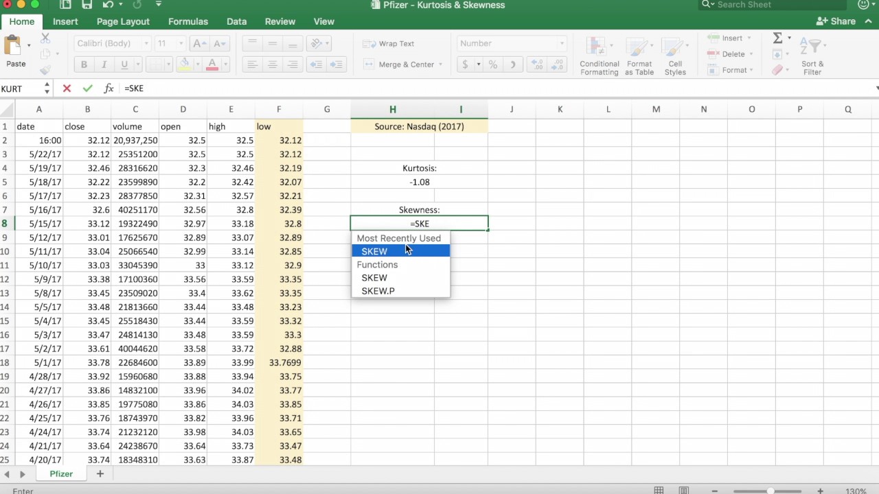 12 - Excel - Kurtosis and Skewness