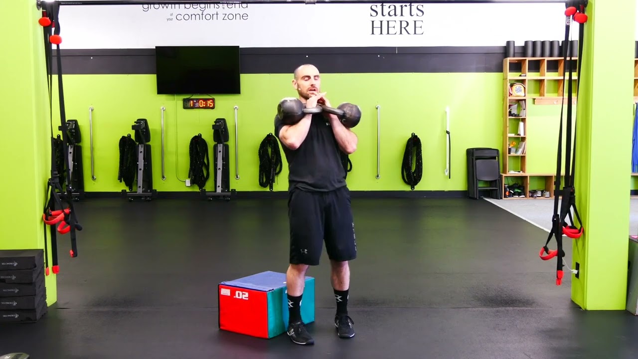 Group Training Boise I 2 Kettlebell Front Rack Box Squat Demonstration I Kvell Fitness and Nutrition