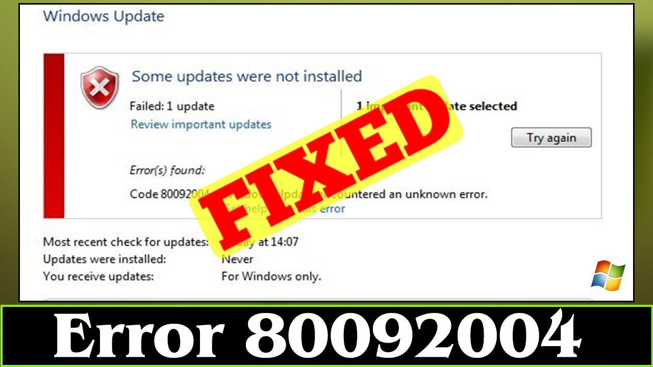 [SOLVED] Error 80092004 Windows Code Problem Issue