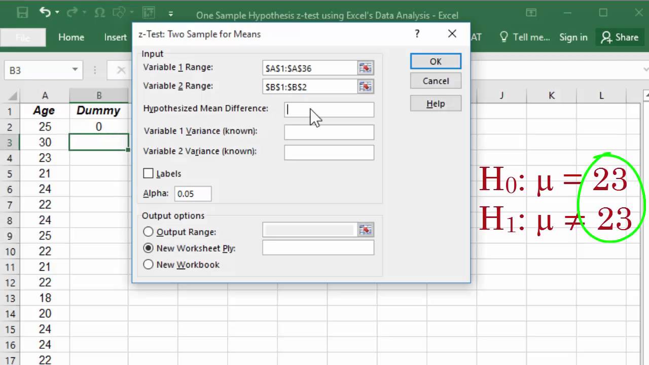 Hypothesis z-test for One Sample Mean using Excel’s Data Analysis