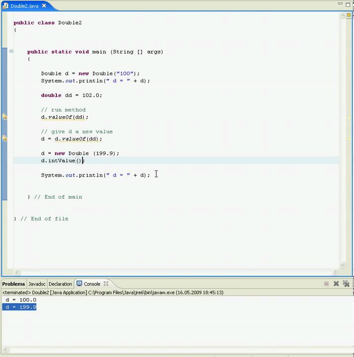 Java tutorial in Eclipse (wrapper class Double) - double values in Java