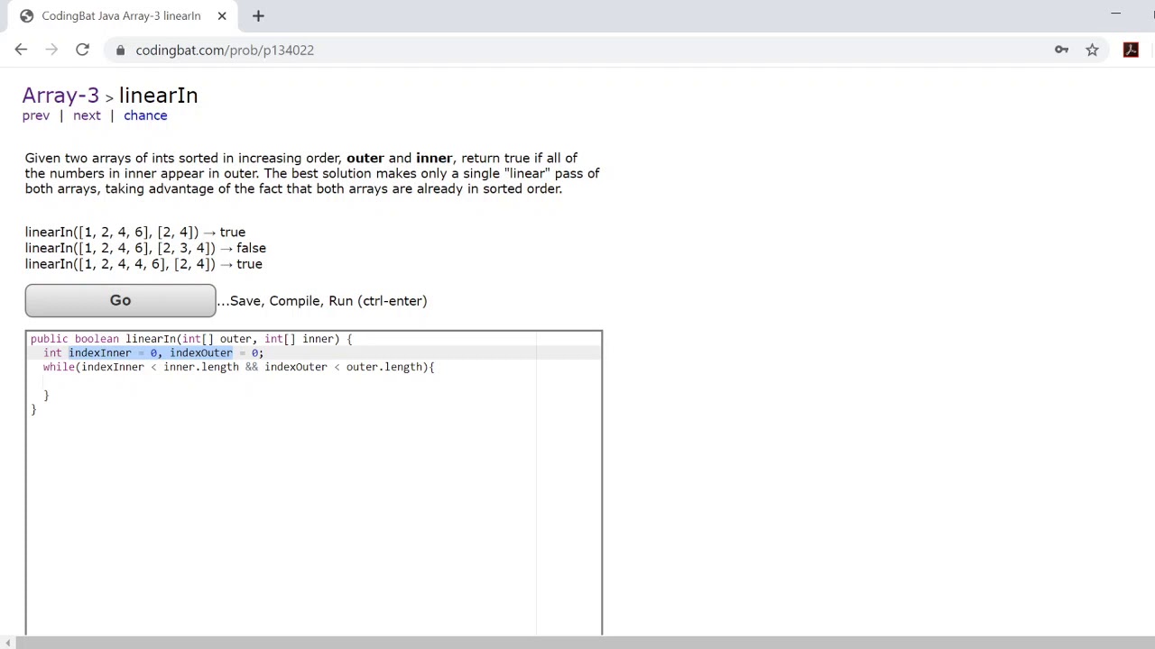 Array-3 (linearIn) Java Tutorial || codingbat.com