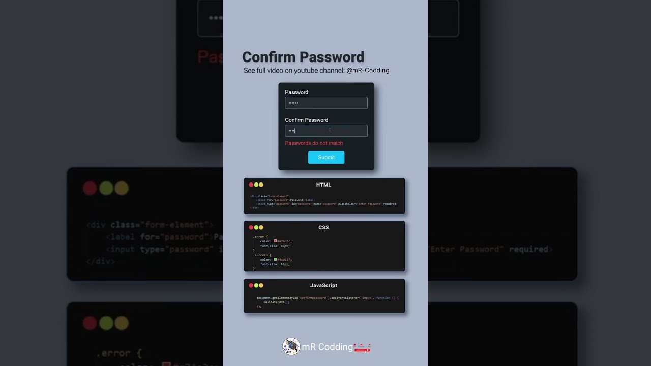 Confirm Password Matching #mrcodding #coding #htmlcss #htmlcss #shorts #shortfeed