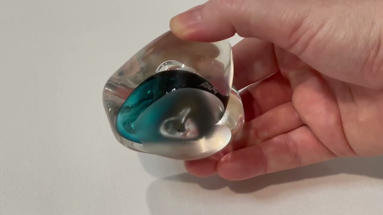 Artist Signed Art Glass Heart Paperweight Clear / Blue with Controlled Bubble