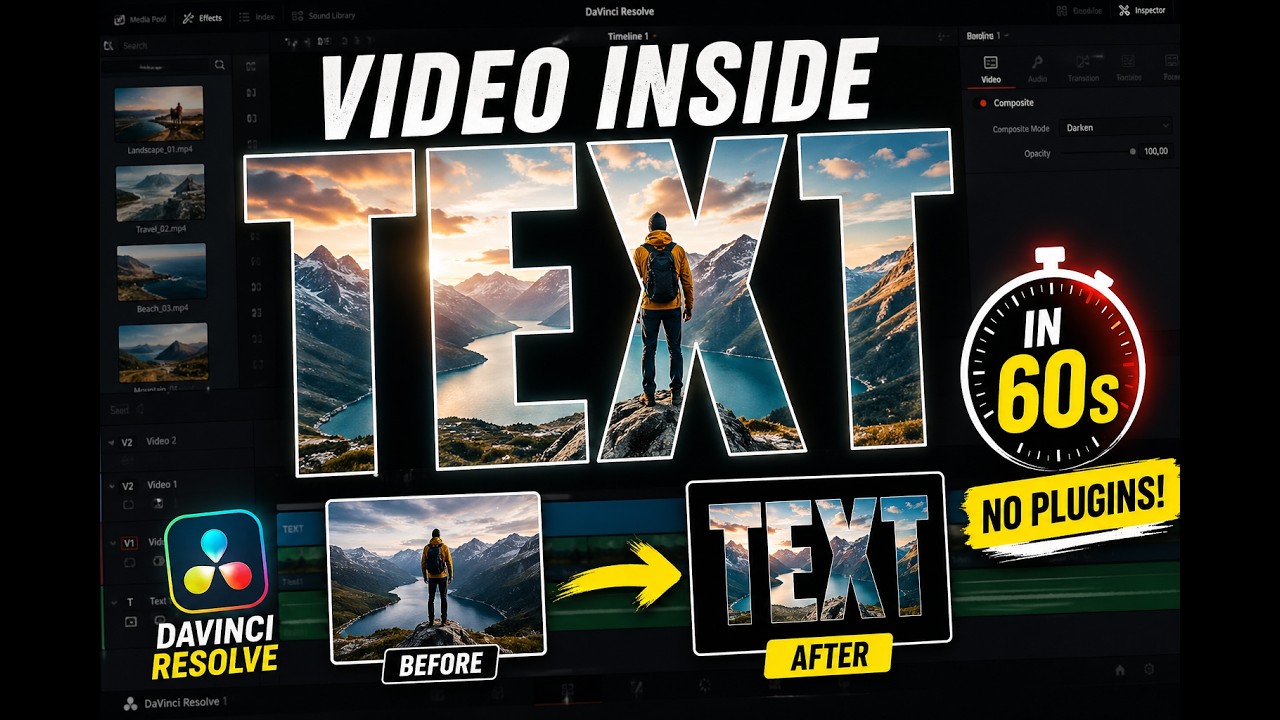 Video Inside Text in DaVinci Resolve (Under 60 Seconds)