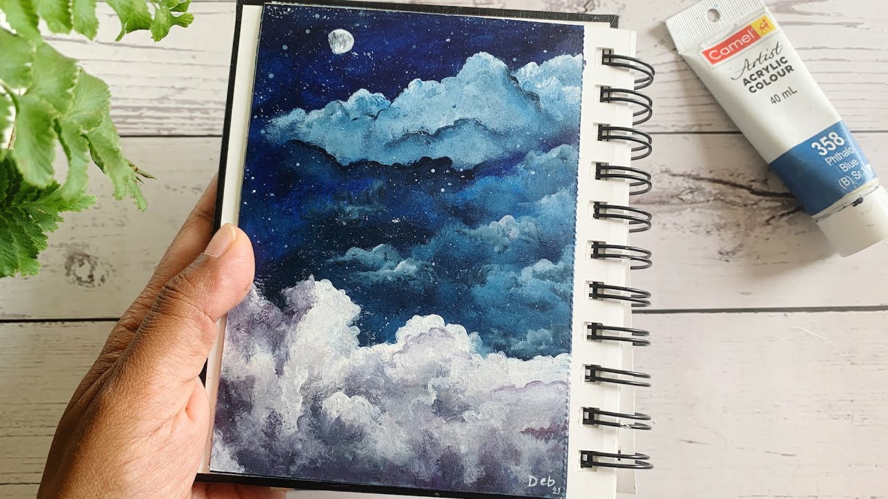 Moonlit Night Sky with Clouds / Acrylic Landscape Painting Tutorial