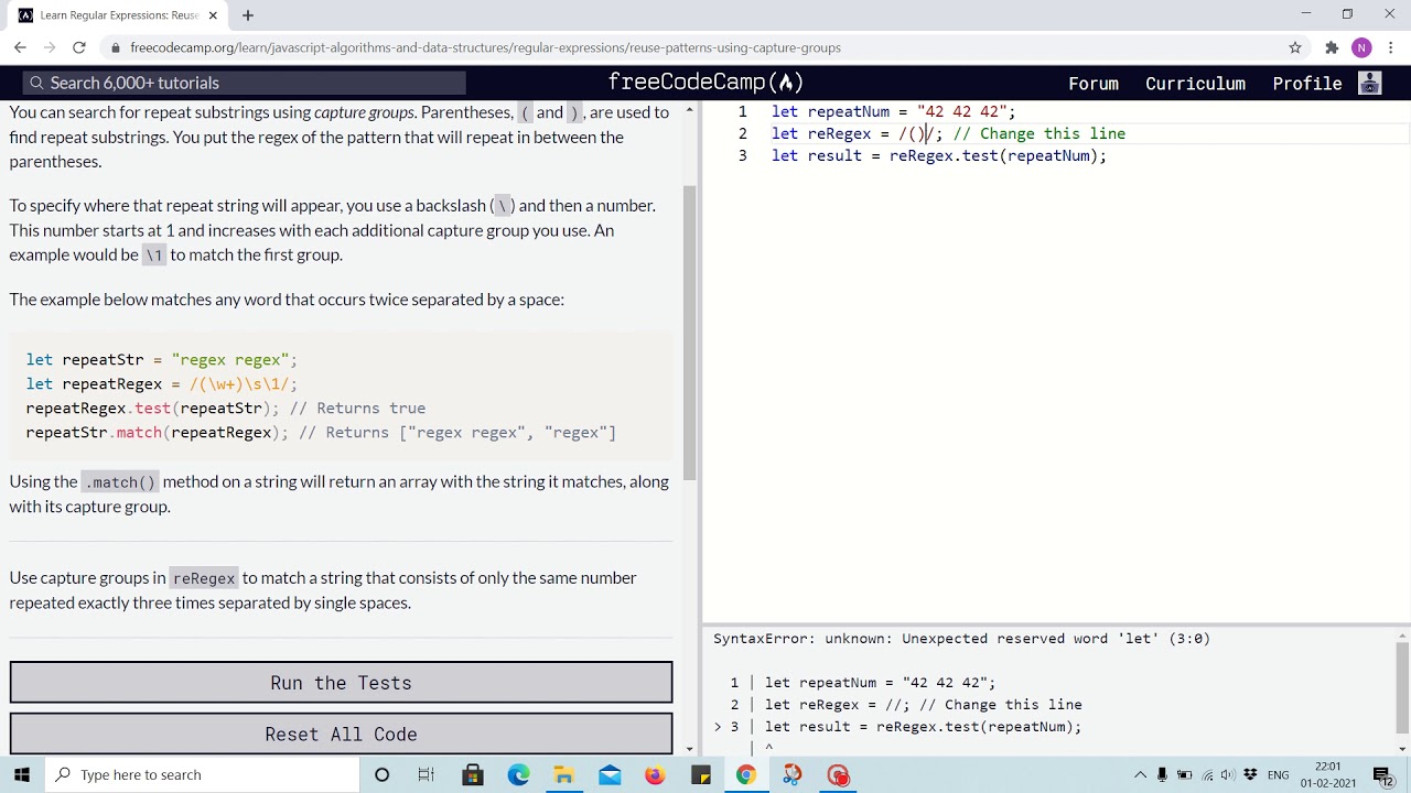 Tutorial 31 - reuse pattern using capture group - freecodecamp