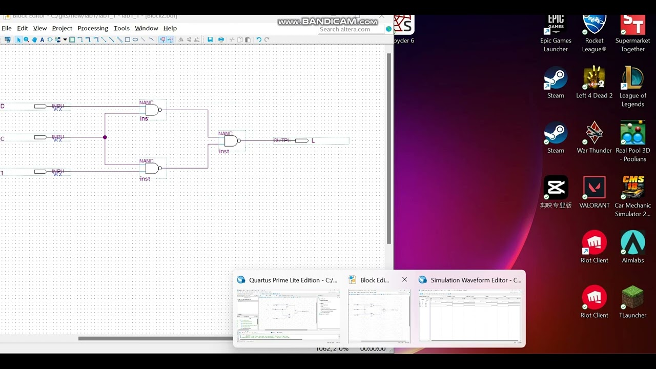 Demonstration of the circuit design and simulation results in Quartus Prime software