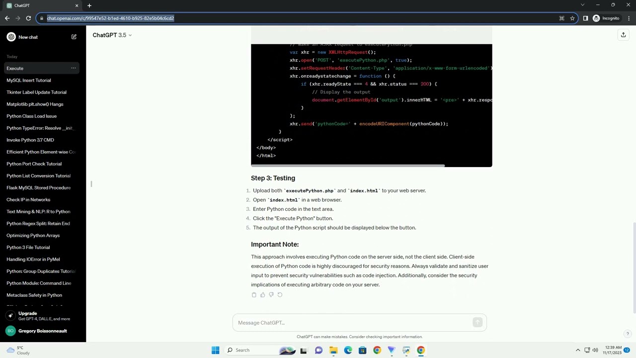 cant execute python script from php in the client side