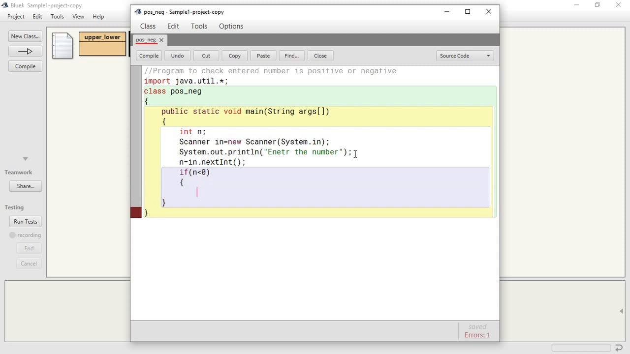 BlueJ Environment - Java Programming For Class 9 ICSE - Identify the Integer as Positive or Negative