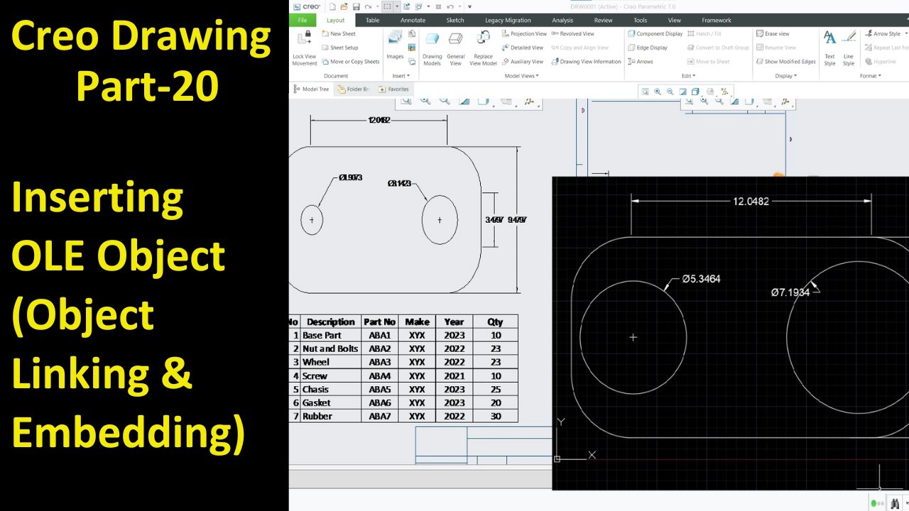 #20 Creo Detailed Drawing- Inserting OLE Object (Object Linking & Embedding)