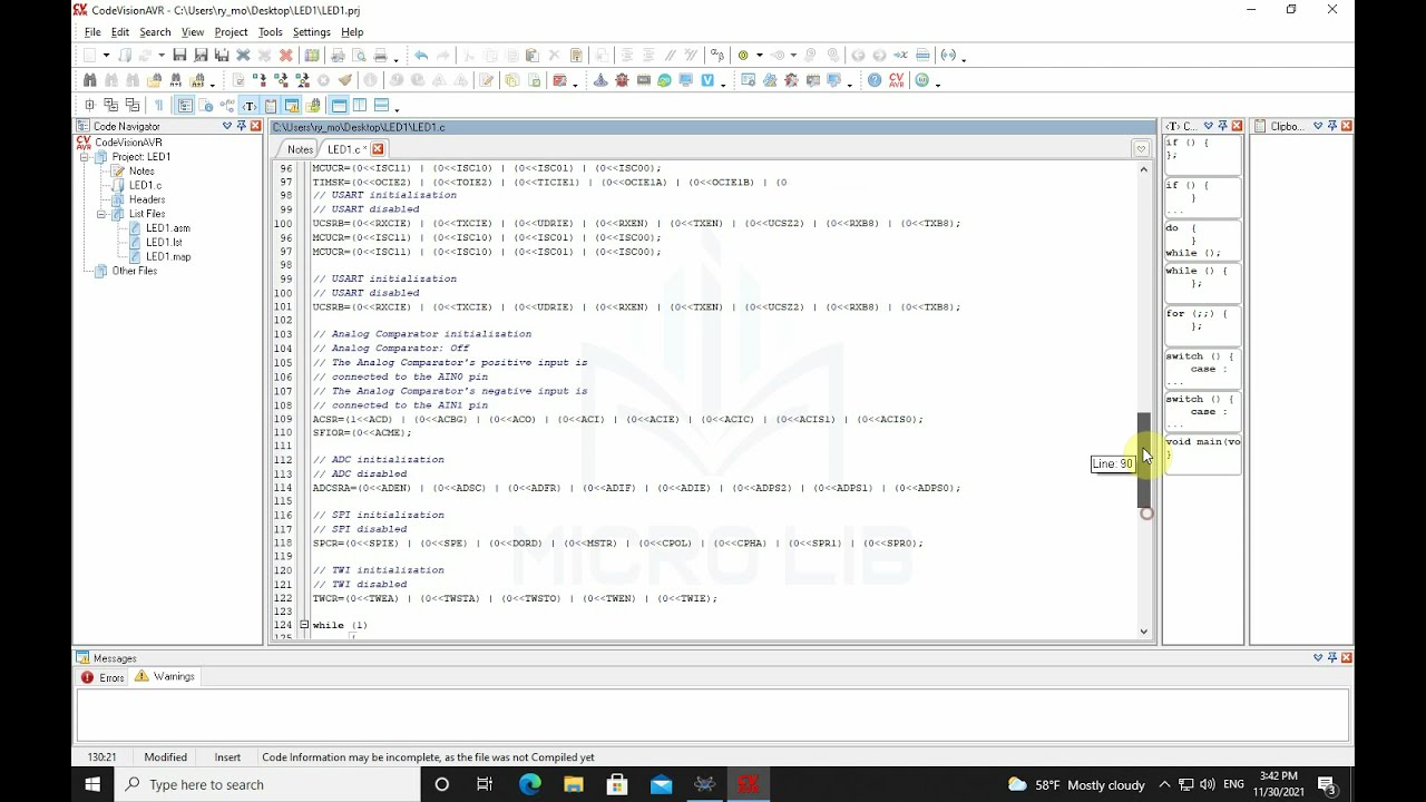 Led blink code in codevision avr compiler