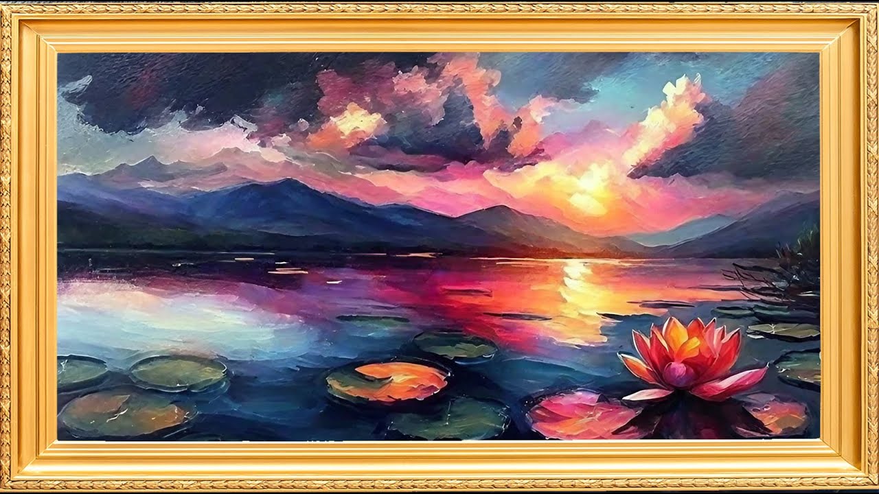 Sunset Symphony  golden frame vintage art tv watercolor minimalist abstract background wallpaper