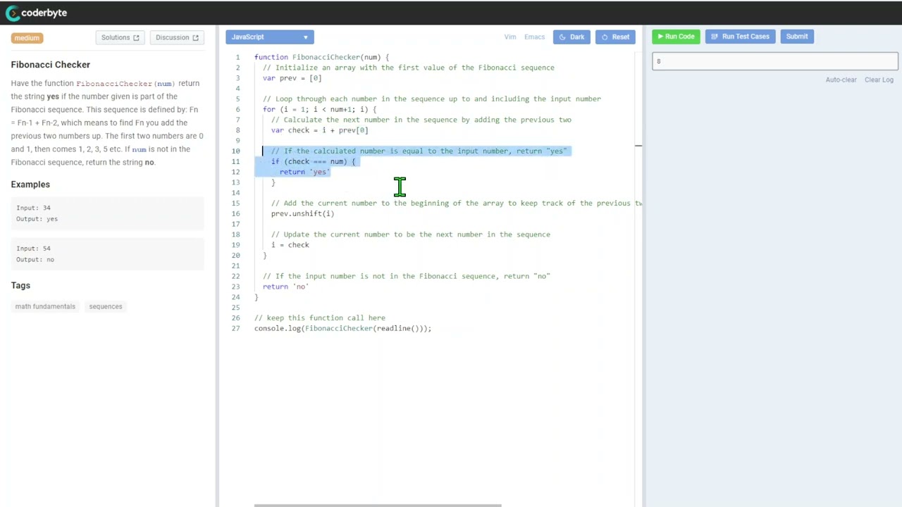 Interview Coderbyte - Fibonacci Checker- Code challenge - JavaScript Solution Source Code Answers