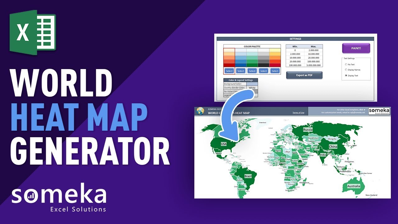 World Heat Map Excel Template - Automatic Country Coloring