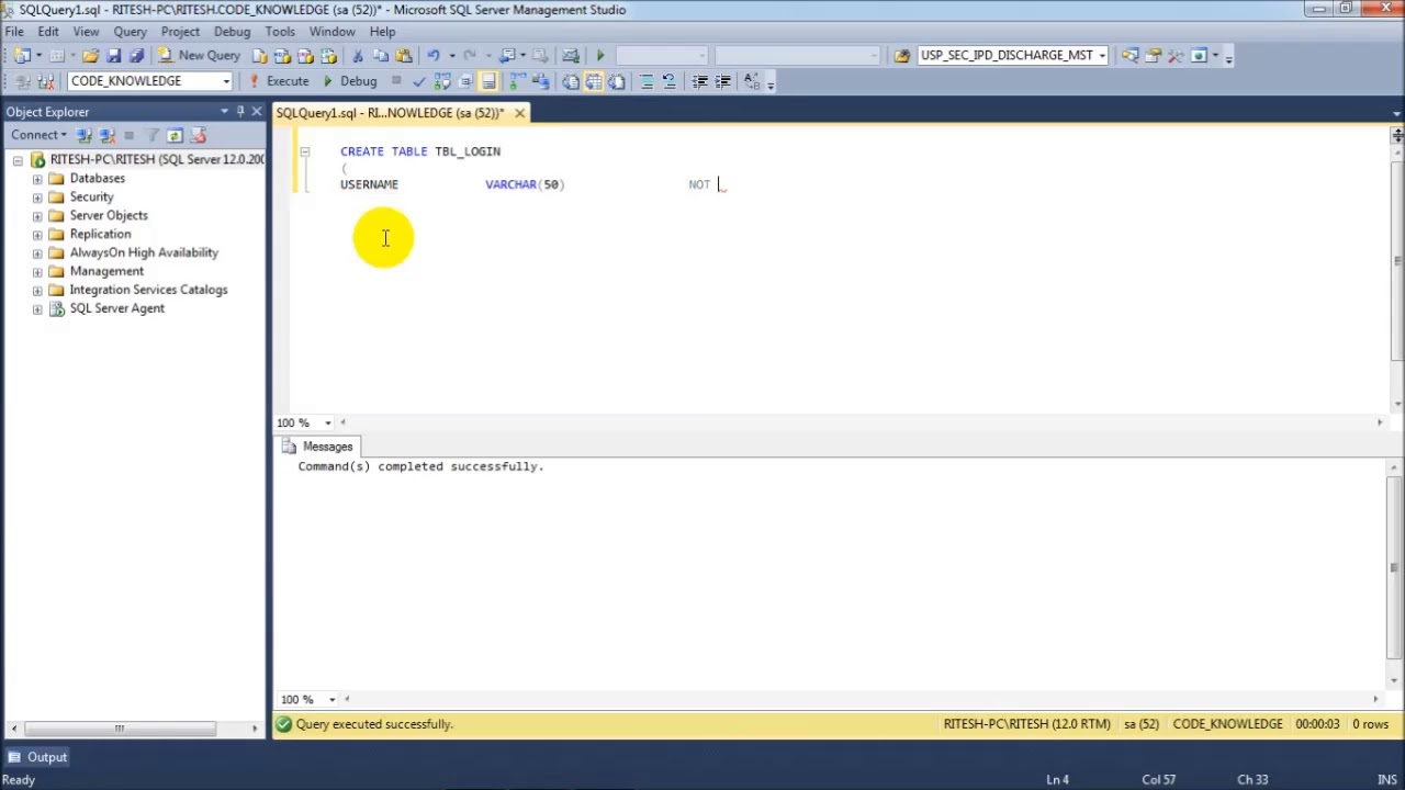 Create Login Table Using MS SQL SERVER