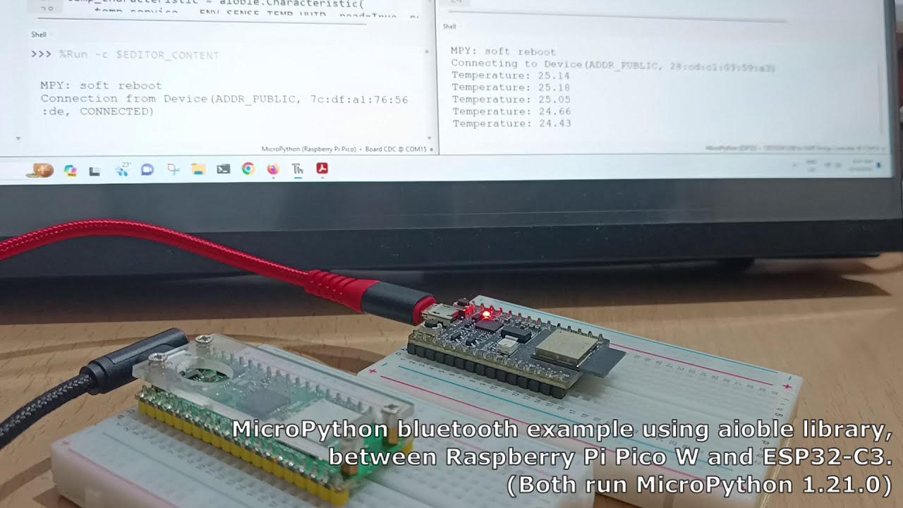 MicroPython bluetooth examples using aioble library, between Raspberry Pi Pico W and ESP32-C3.