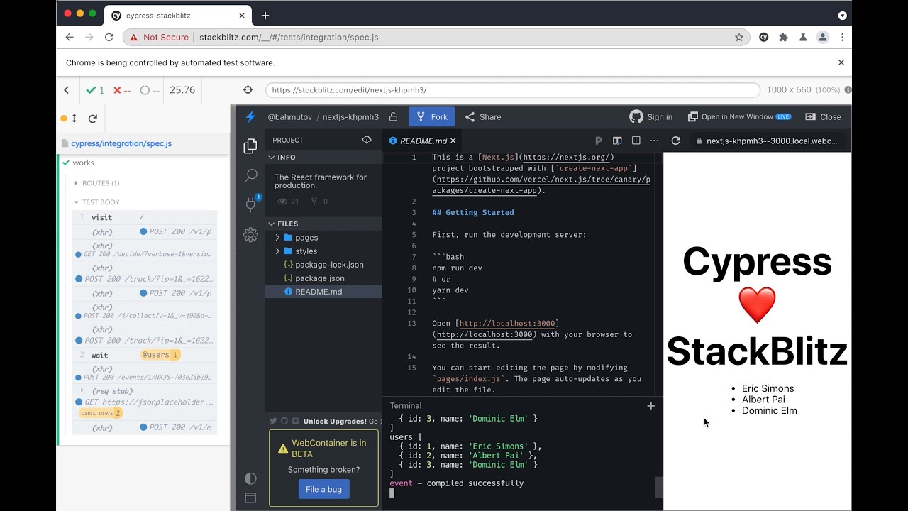Cypress and StackBlitz: stubbing server-side Ajax call
