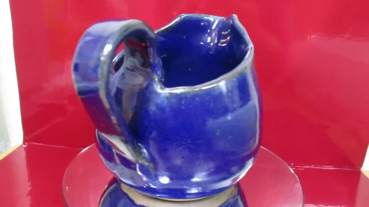 2015 KS Signed Studio Pottery Hand Thrown Pitcher Heavy Glaze 6x7 Dark Blue EUC