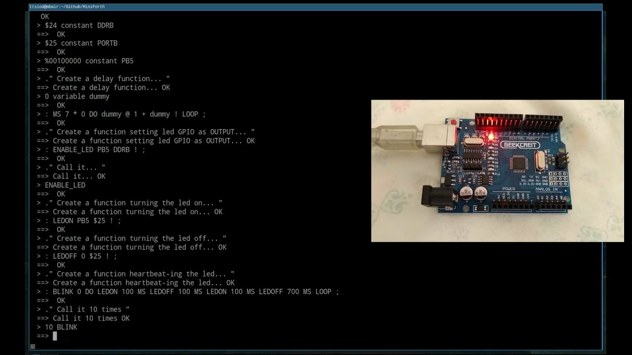 My tiny FORTH blinking the Arduino LED.